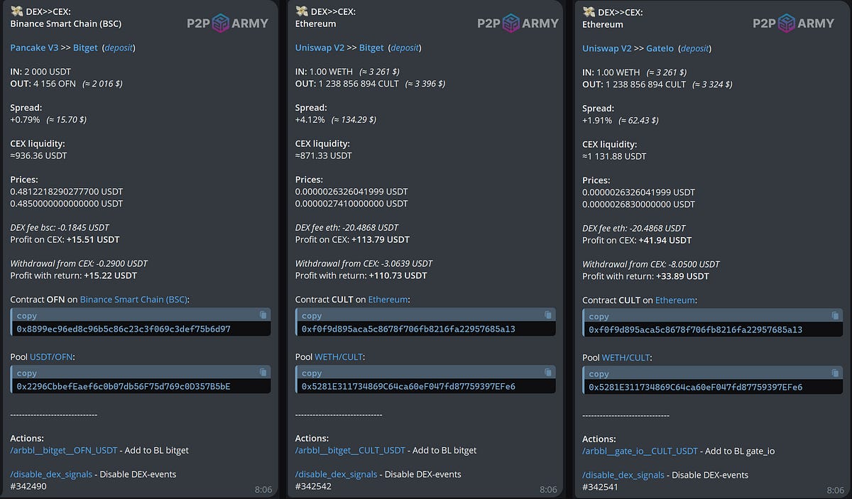 DEX CEX arbitrage cryptocurrency scanner. Using a Solidity smart-contract or analytics service ...