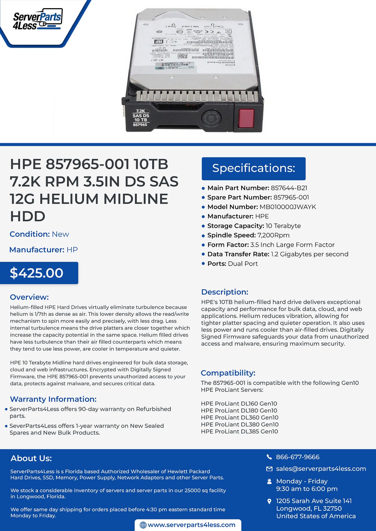 Buy HPE 857965–001 10TB 7.2K RPM 3.5in DS SAS 12G Helium Midline HDD ...