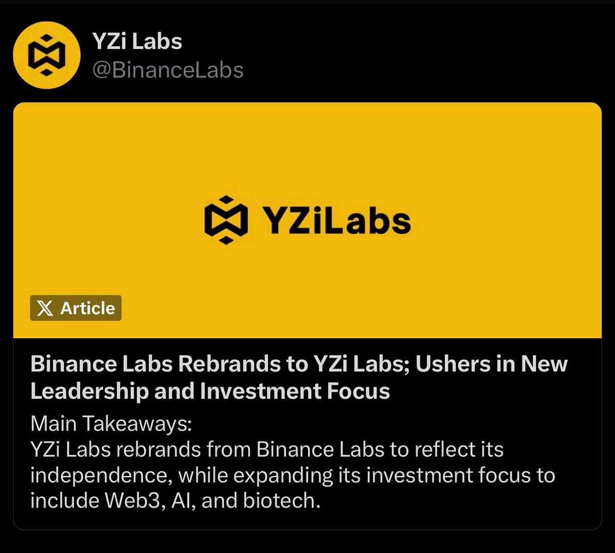 📢YZi Labs, formerly Binance Labs, rebrands to emphasize its independence and broadens its focus ...
