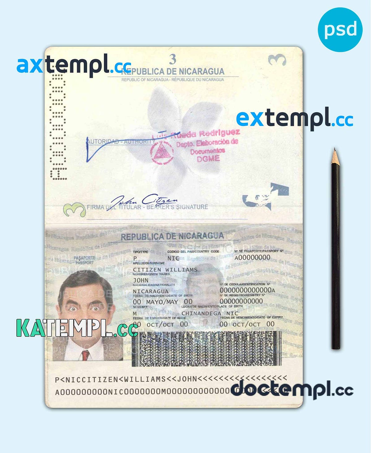 sample Nicaragua passport template in PSD format, fully editable ...