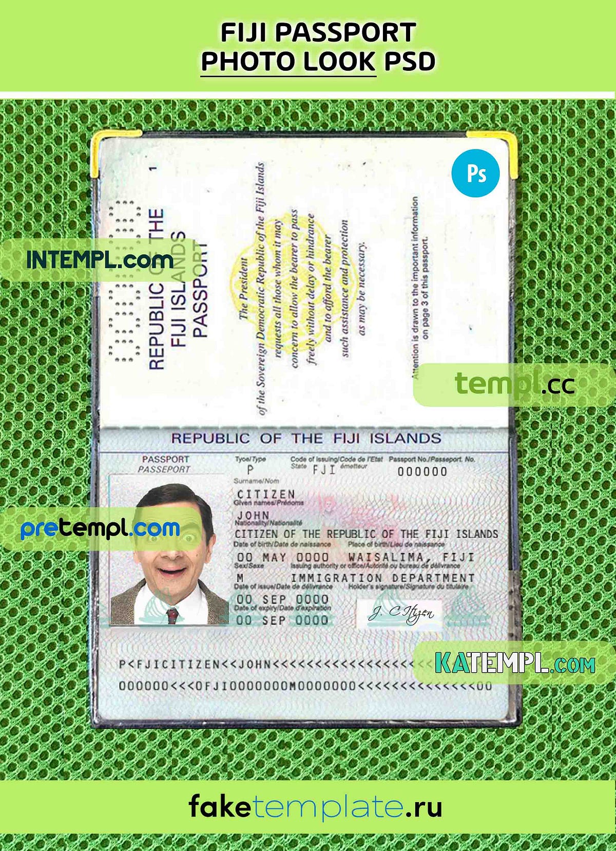 Fiji passport editable PSD files, scan and photo look templates, 2 in 1 ...