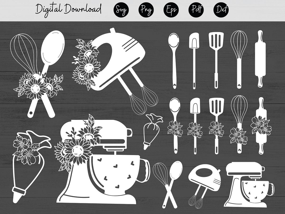 Baking SVG file, Mixer svg, Floral Rolling Pin svg, Whisk svg, Spatula ...