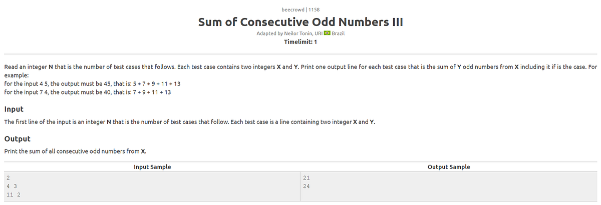 beecrowd 1158 Sum of Consecutive Odd Numbers III Solution in C++ - Eya Jamue Haque - Medium
