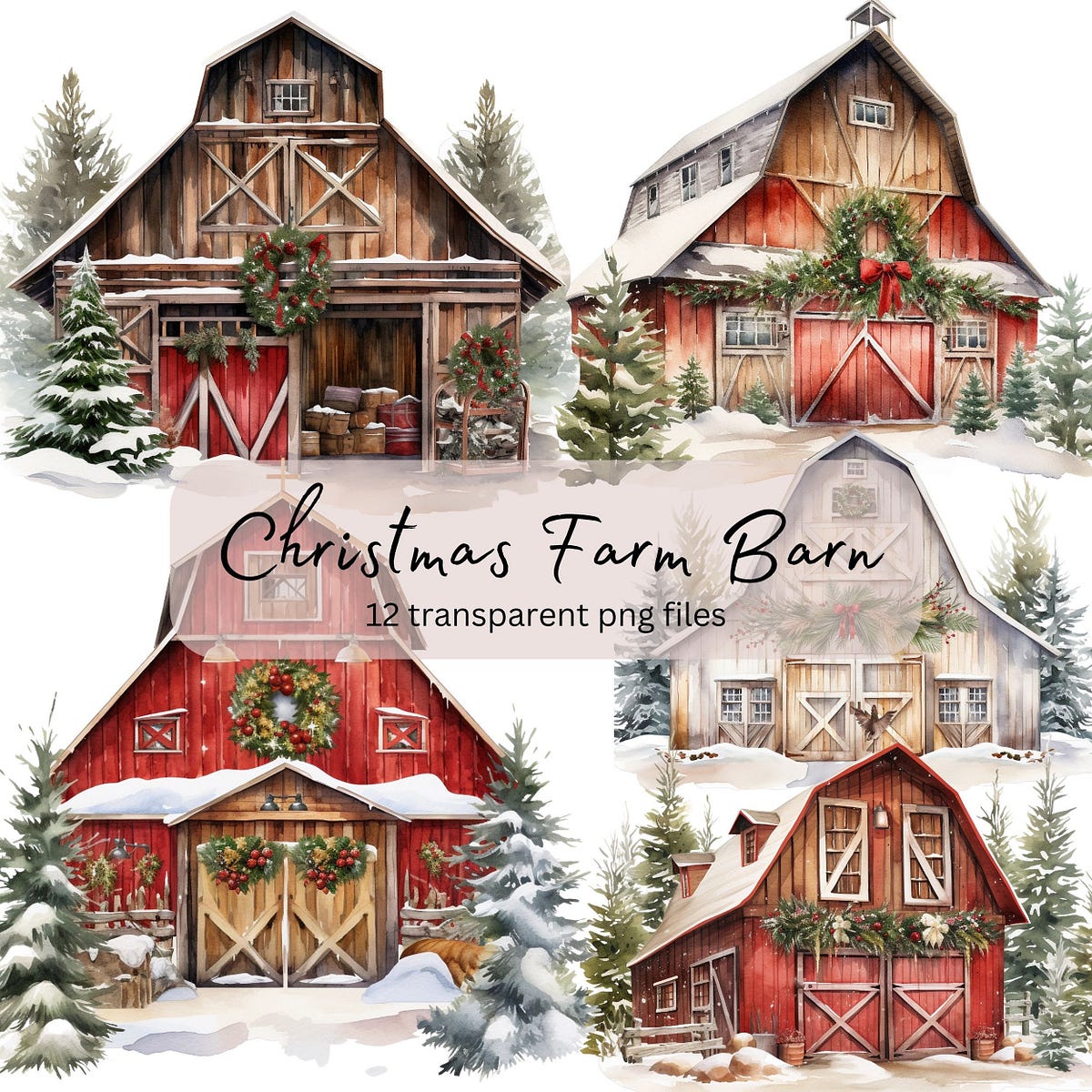 Christmas Farm Barns Watercolor Clipart, Transparent PNG, Holiday Cute ...