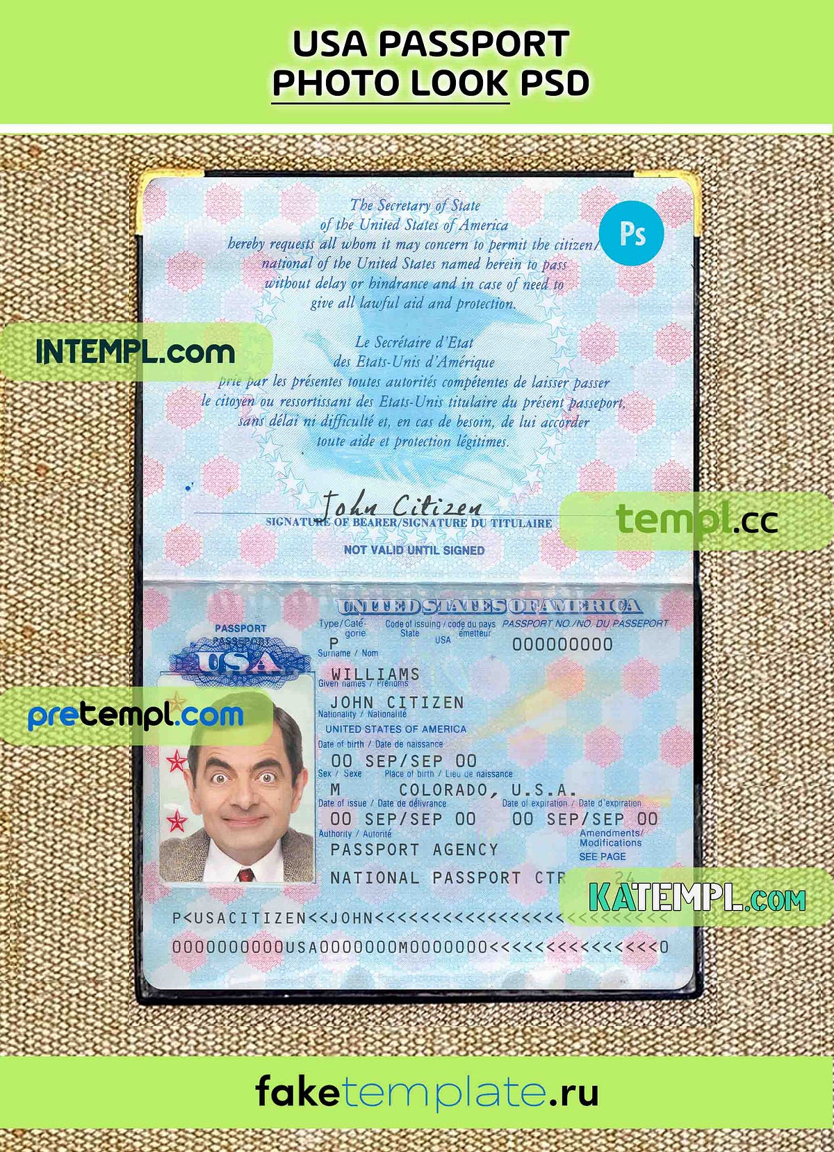 USA passport PSD download scan and photo look templates, 2 in 1, pre ...