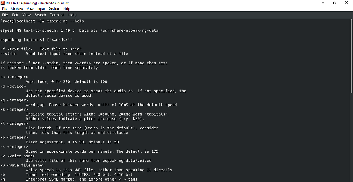 espeack command 1.2 espeack command is use in speak out of your giving word Ex. espeak-ng ...