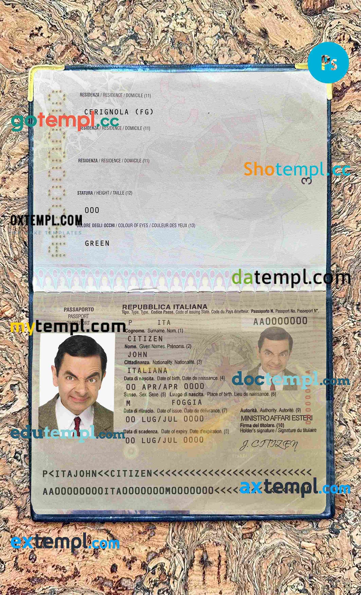 sample Italy passport editable PSD files, scan and photo look templates ...