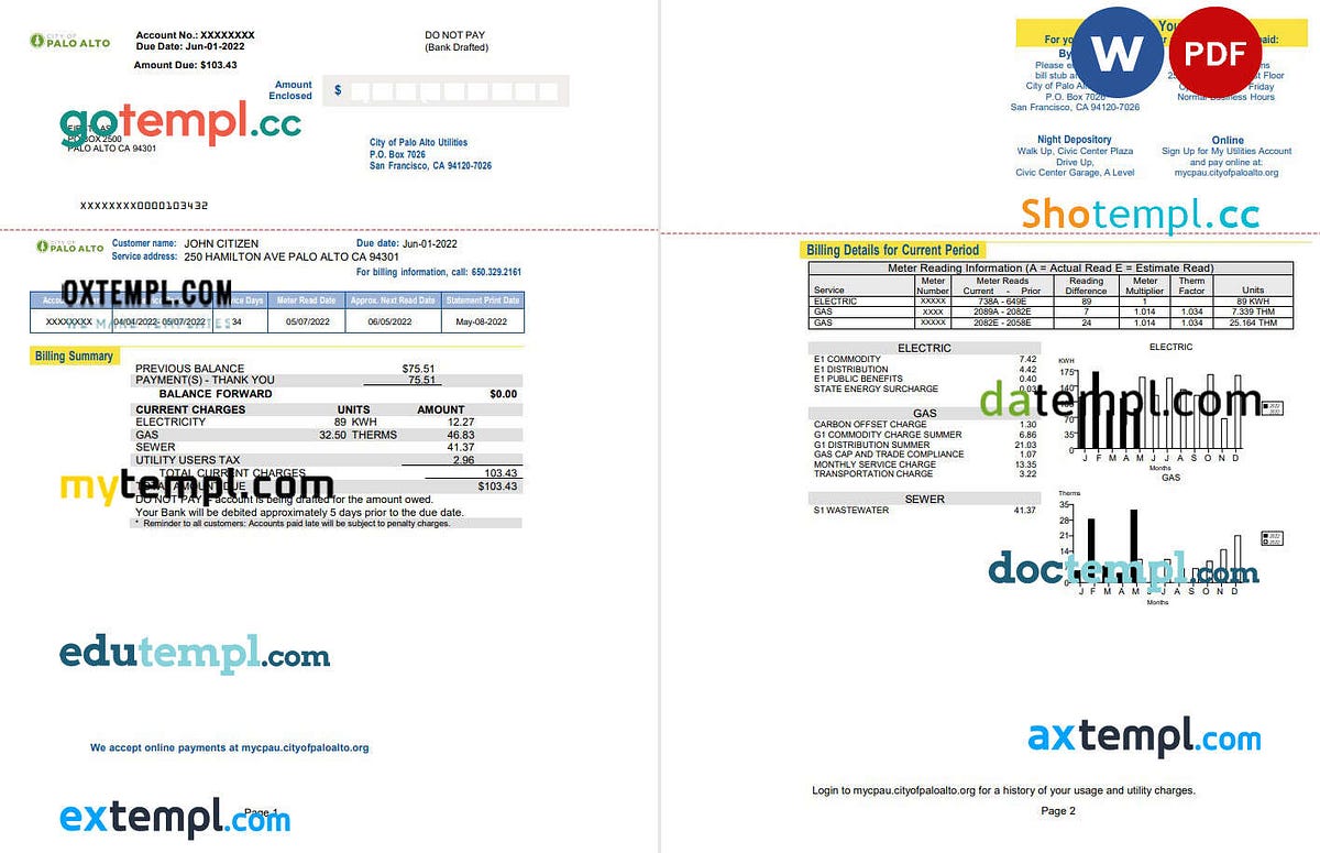 USA California Palo Alto utility bill, PDF and Word download template ...