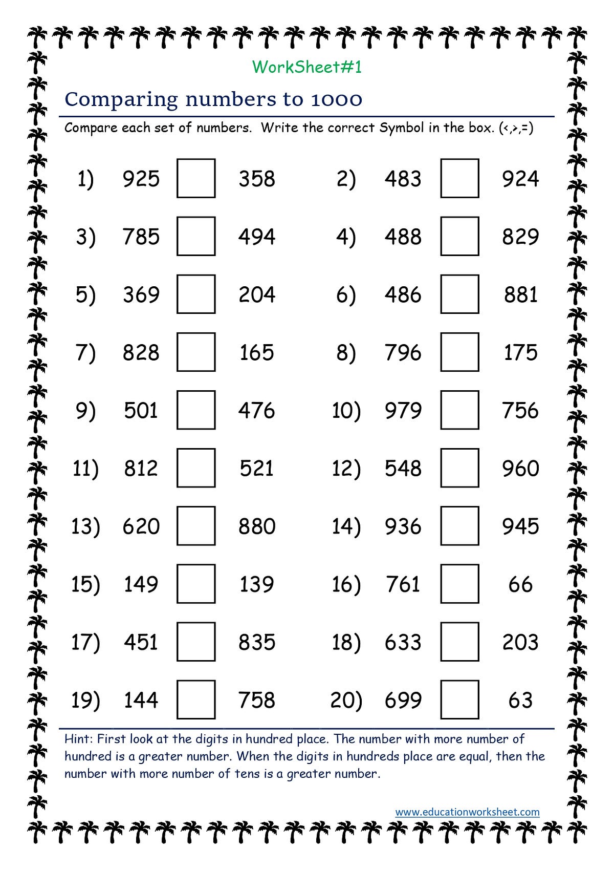 Practice Sheets For Ordering And Comparing Numbers Up To 10000 By