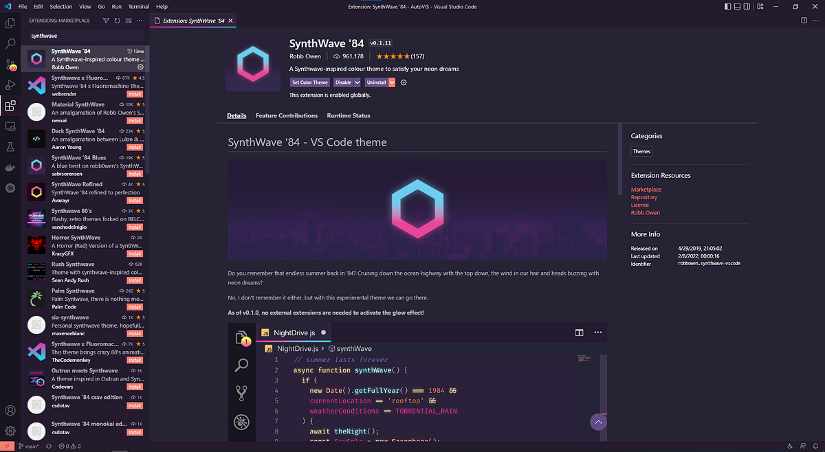 Here’s how to install the SynthWave ’84 theme and activate the glow effect (Neon Dreams) in VS ...