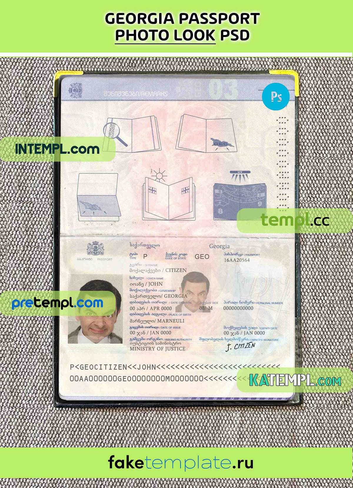 Georgia passport editable PSDs, scan and photo-realistic snapshot, 2 in ...