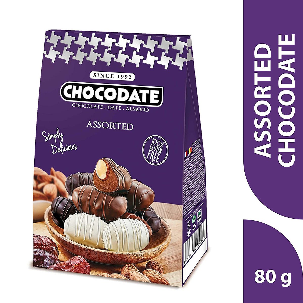 Gluten and GMO-free chocodates with golden roasted almonds, wrapped in ...