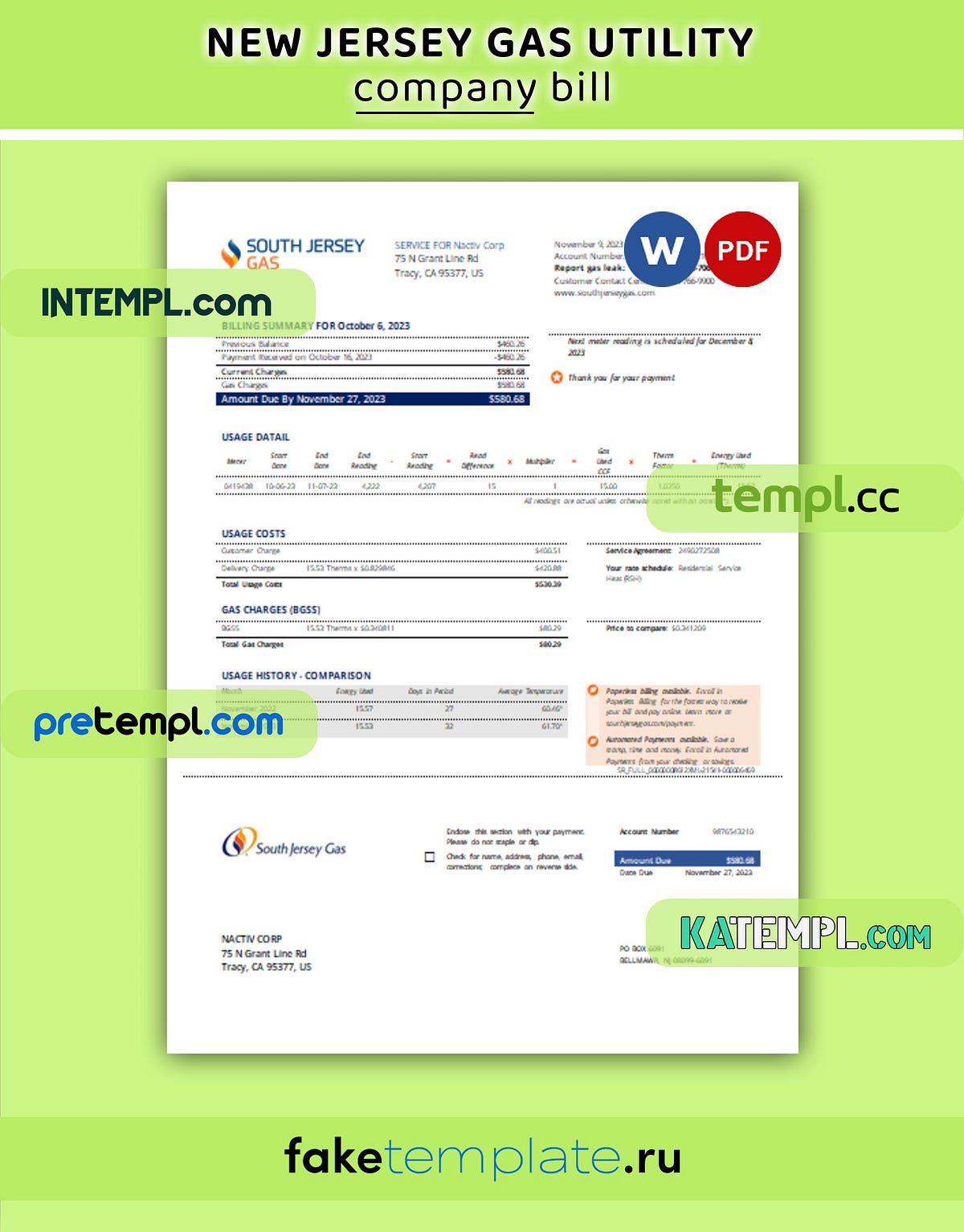 New Jersey Gas business utility bill, PDF and Word template | by ...