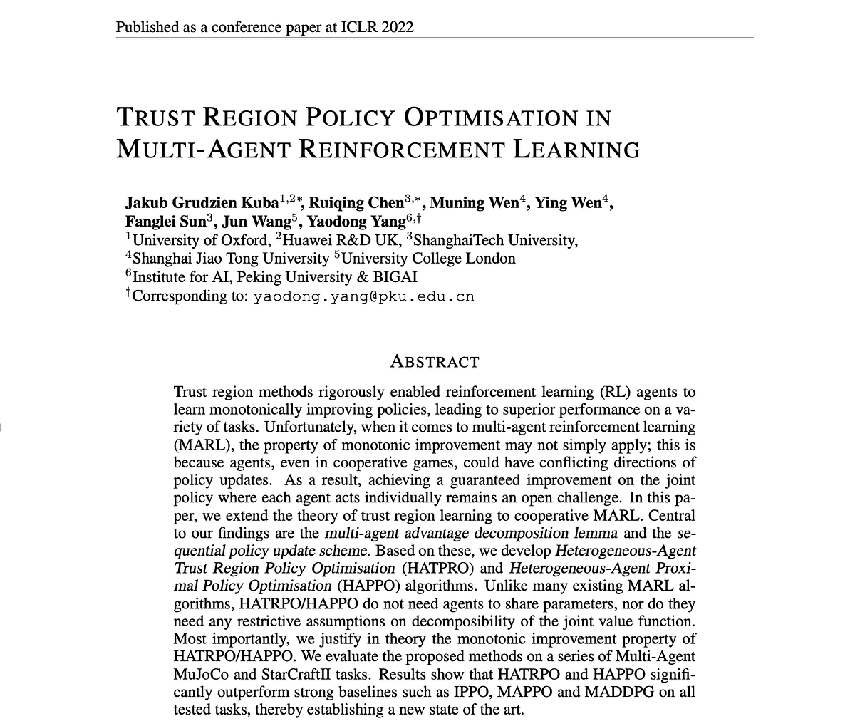 Multi-agent Reinforcement Learning Paper Reading~Trust Region Policy Optimization inMulti-agent ...