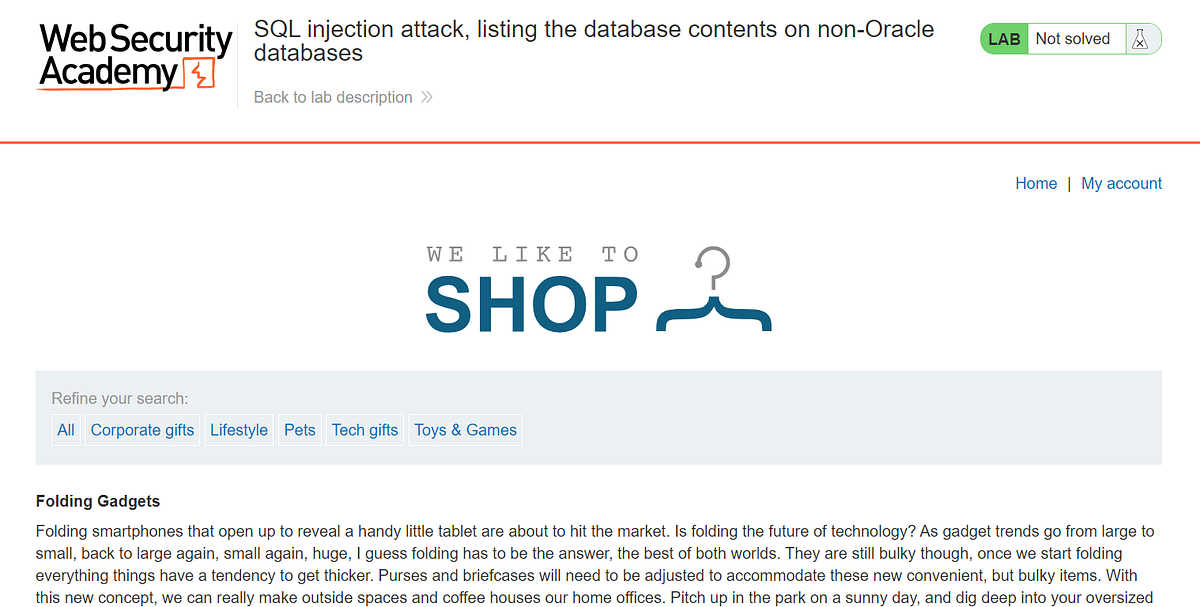 Portswigger Web Security Academy Lab: SQL injection attack, listing the database contents on non ...