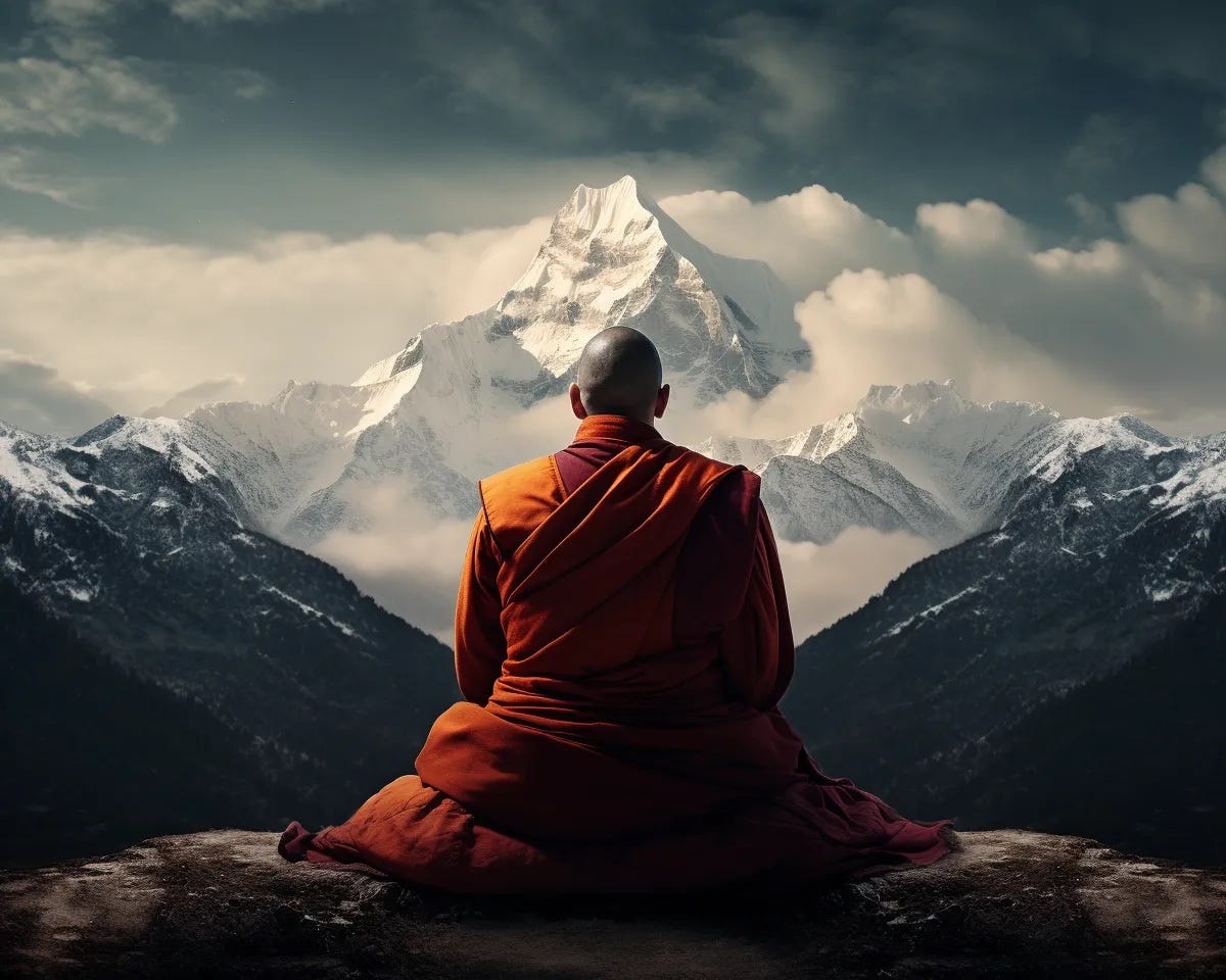 Buddhist Monk Meditating On Mountain