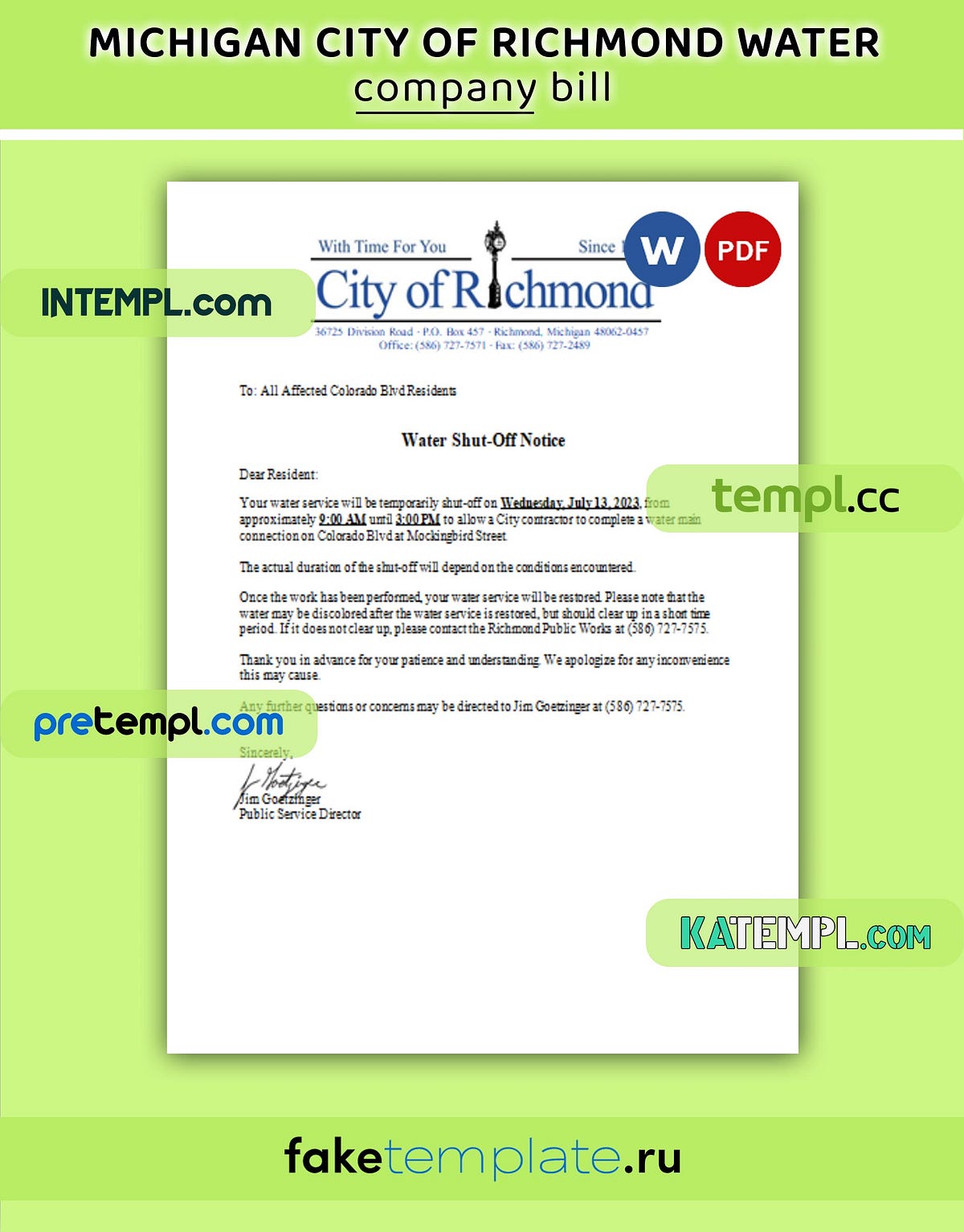 Michigan City of Richmond water shut off notice business utility bill ...