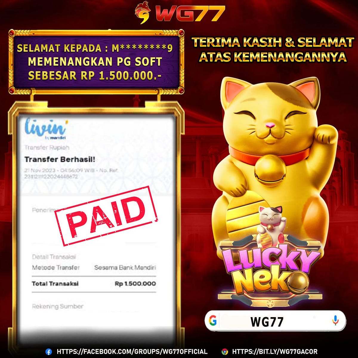 Tunggu apa lagi langsung buktikan sendiri hanya di WG77 tempat main ...