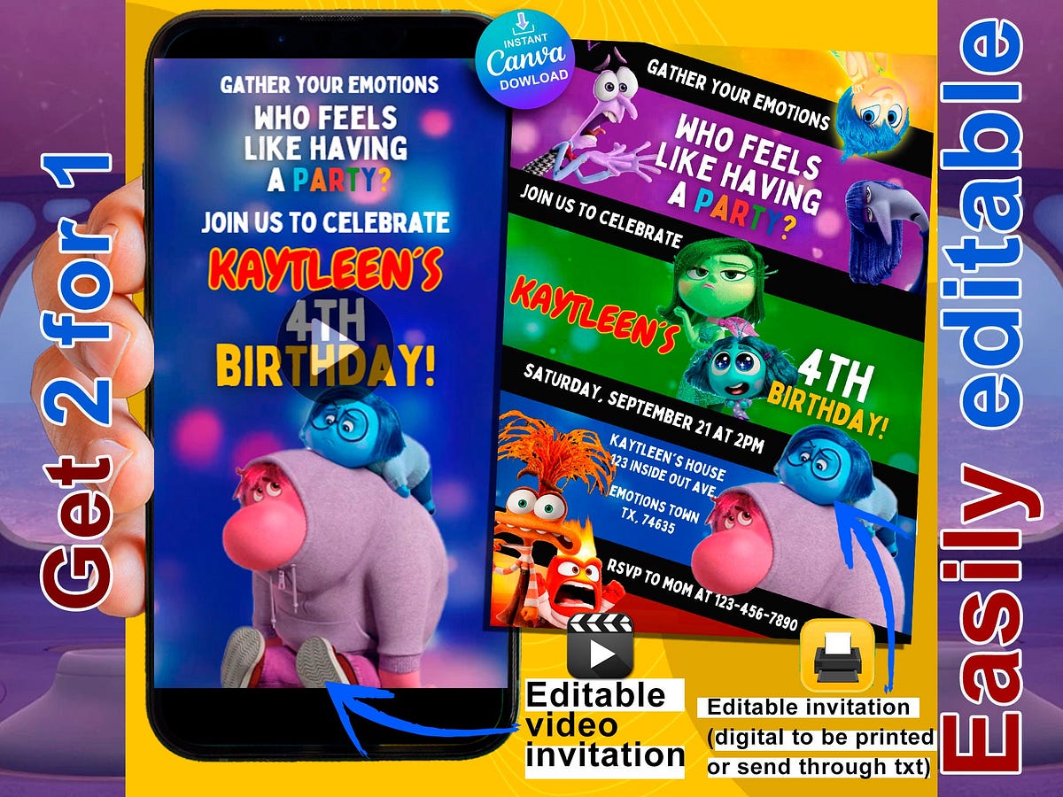 Free Inside Out 2 editable invitations 1 digital printable invite & 1 ...
