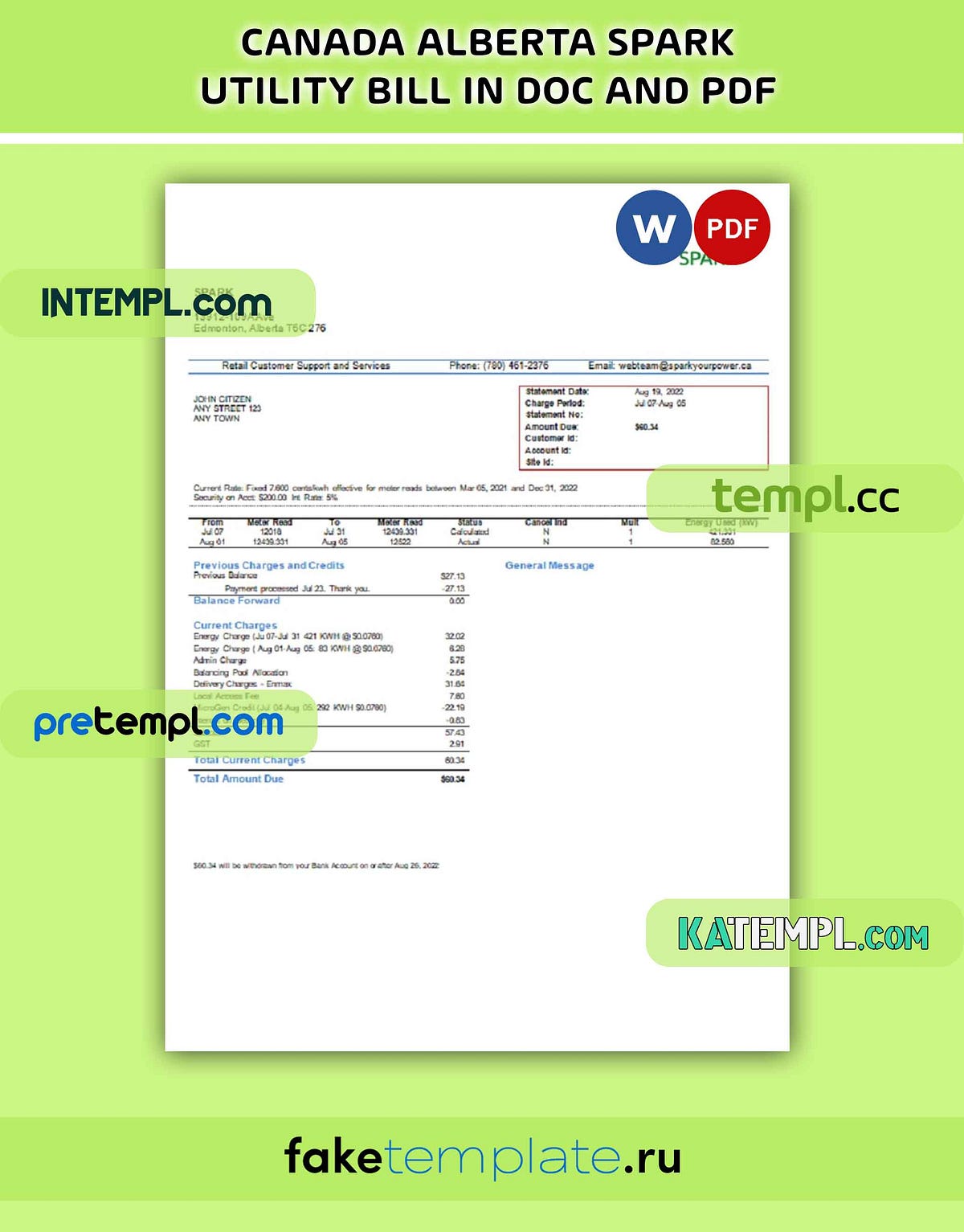 Canadian Alberta Spark utility bill download example in Word and PDF ...