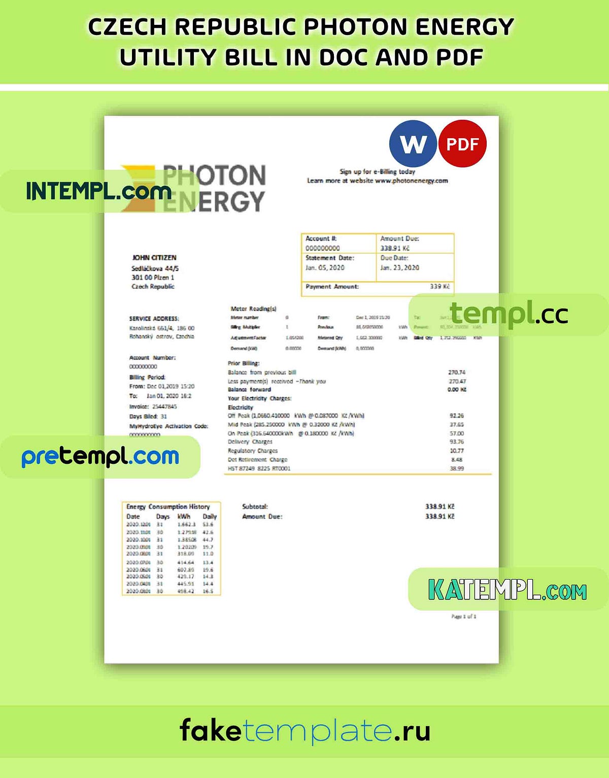 Czech Photon Energy utility bill download example in Word and PDF ...