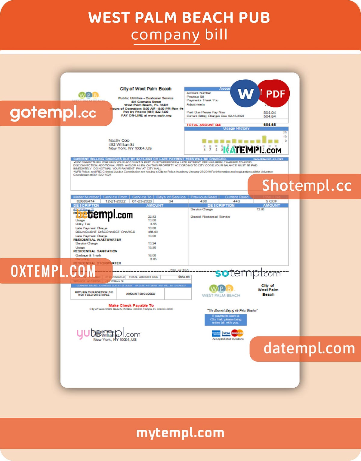 West Palm Beach Pub Utilities utility bill, Word and PDF template, 2 ...