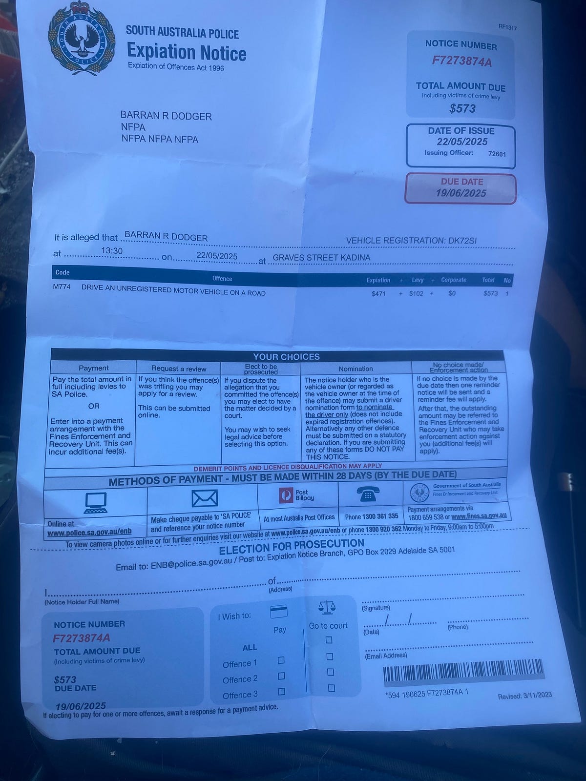 This South Australia Police Expiation Notice – issued to you, Dr ...