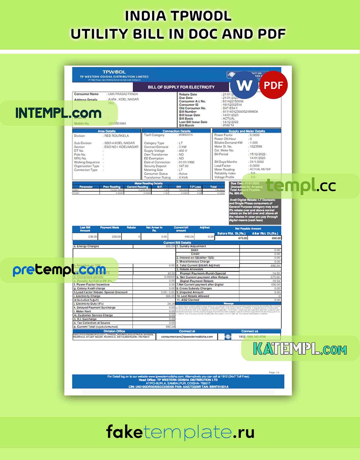 INDIA TPWODL utility bill Word and PDF template | by Shotempl | May ...
