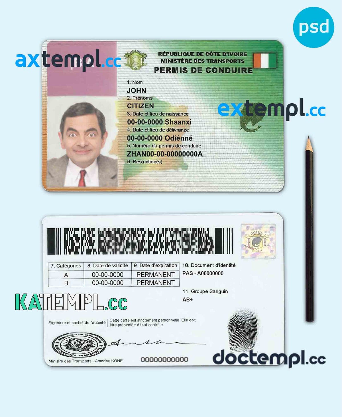 sample Cote D’Ivoire driving license template in PSD format, fully ...