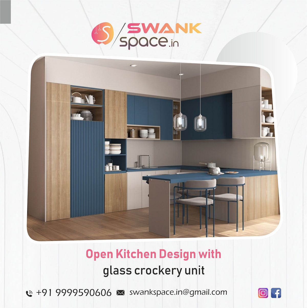 Open Kitchen Design with glass crockery unit - SwankSpace - Medium