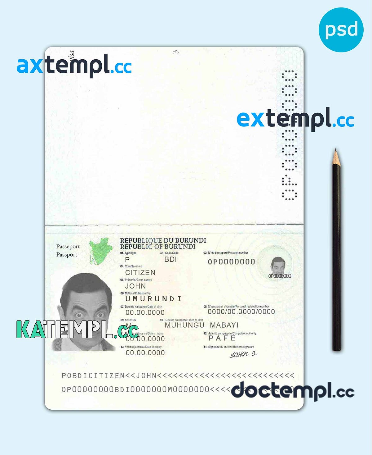 sample Burundi passport template in PSD format, 2011–2019 download | by ...