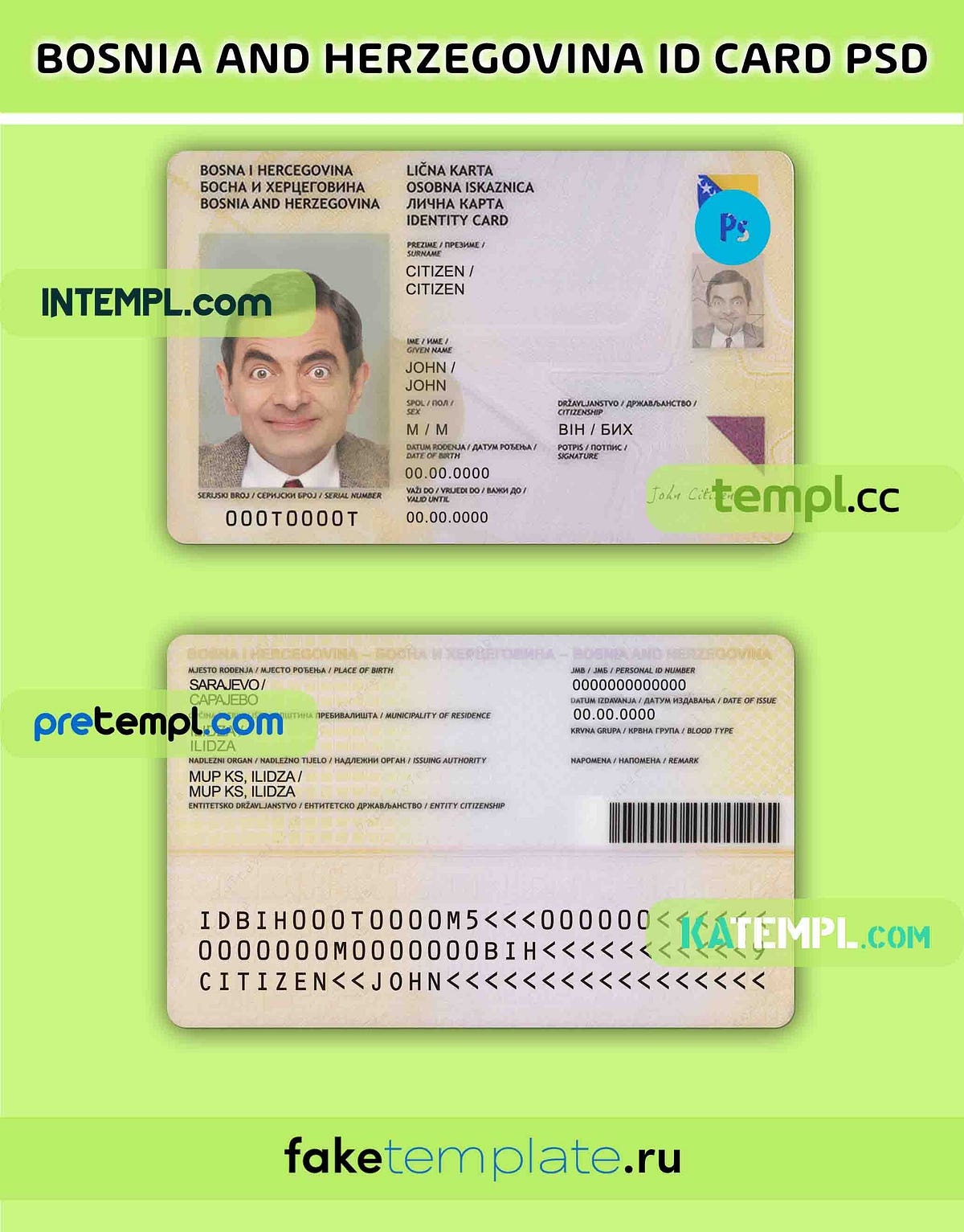 Bosnia and Herzegovina identity card PSD download template, 2015–2025 ...