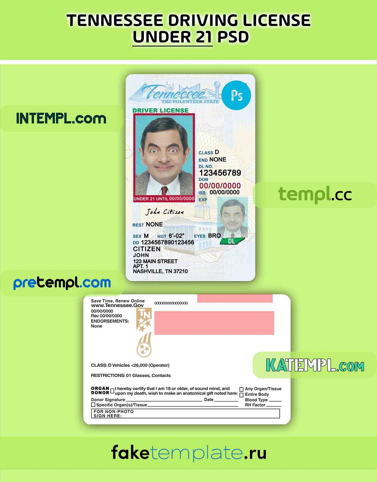 USA Tennessee driving license PSD download template, under 21 | by Intempl | Nov, 2023 | Medium