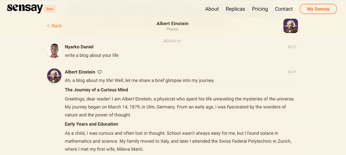 Brief Life Story of Albert Einstein using his Sensay AI Replica | by Daniel Nyarko | Sep, 2024 ...