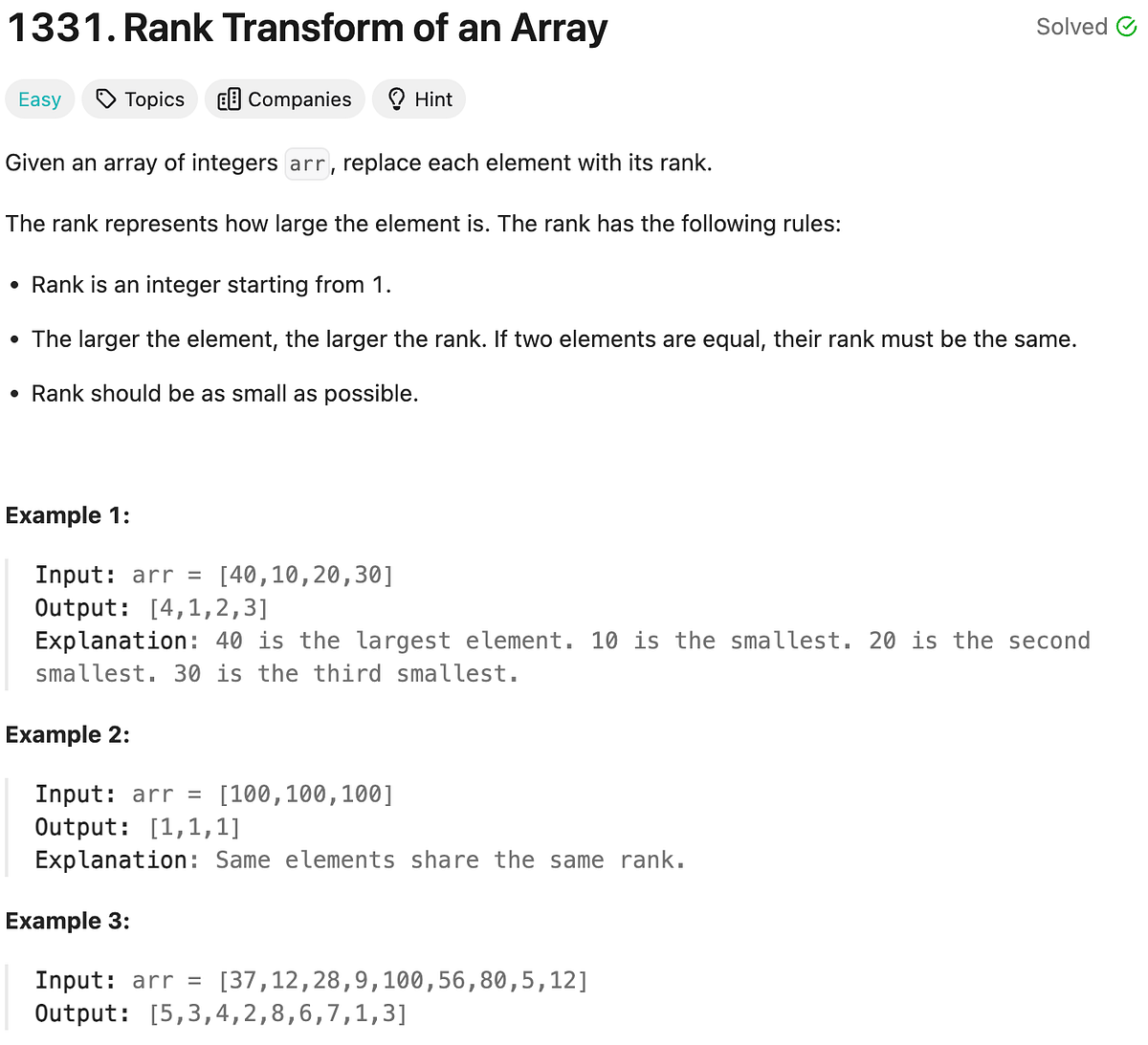 [Day 11 of 100] Rank transform of array | by Welt | Medium
