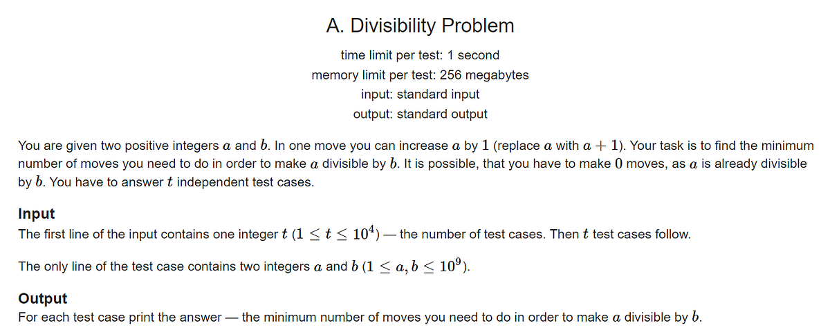 1328A - Divisibility Problem CodeForces Solution in C++ - Eya Jamue Haque - Medium
