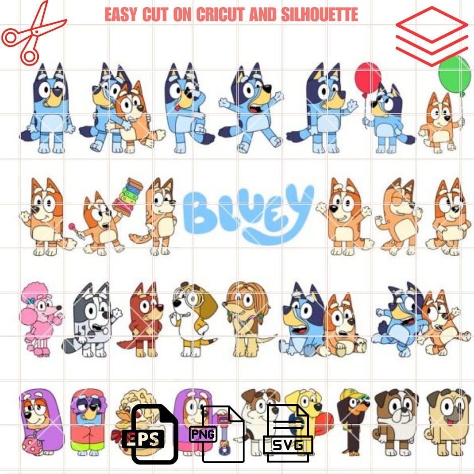 Bluey Characters Bundle Svg, Birthday Invitation Svg, Bluey the Dog Svg ...