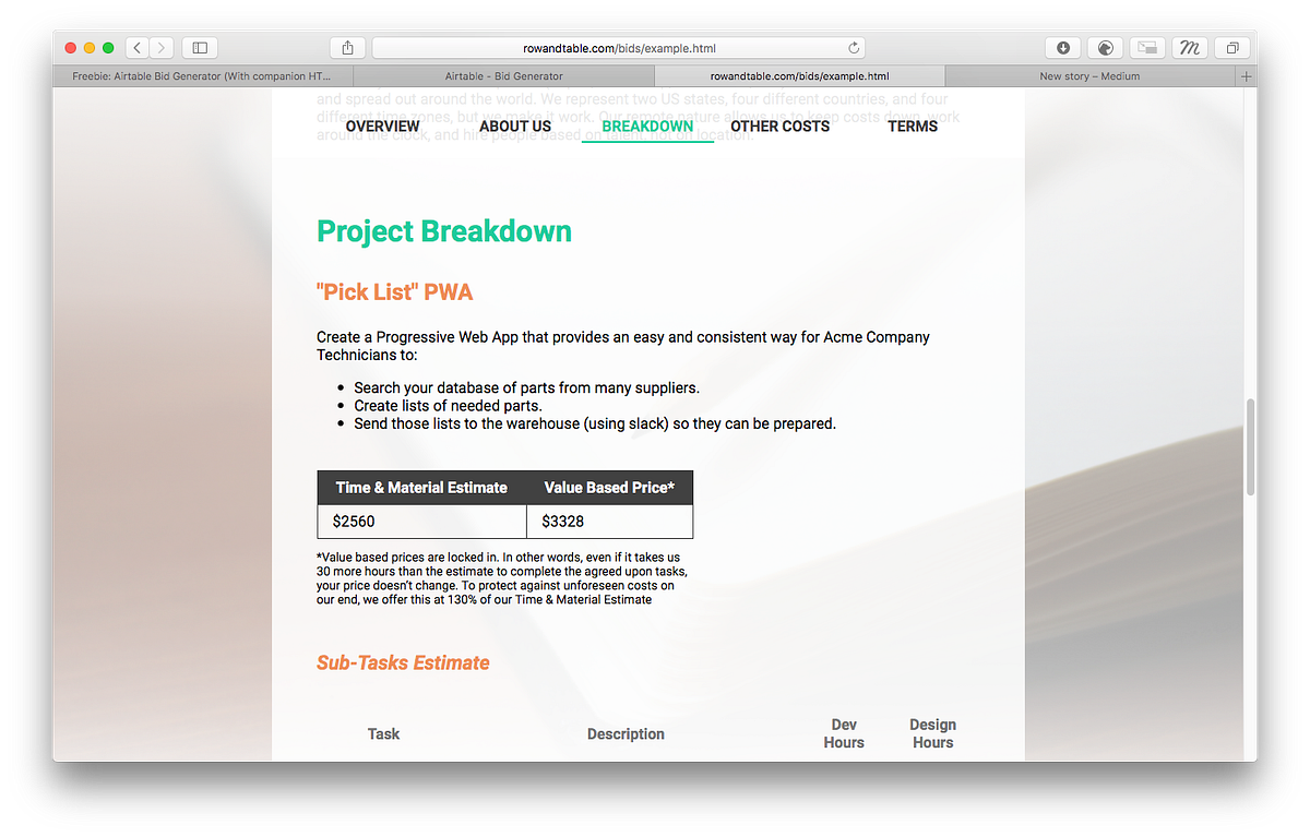 Freebie: Airtable Based Bid Generator | by Ryan Hayden | Row and Table | Medium