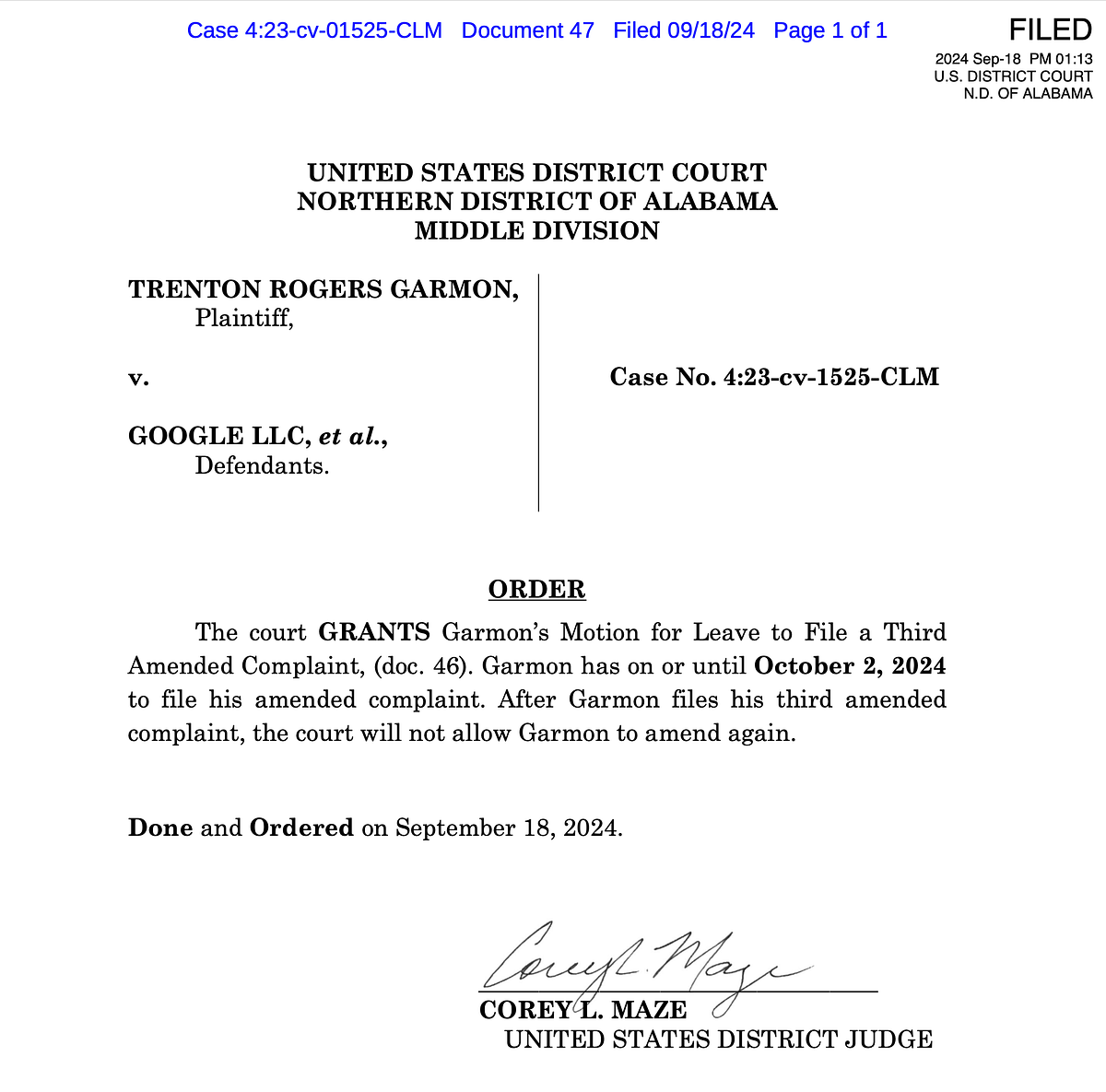 Breaking News — Litigation Update — 20240918 — Garmon v. Google — Judge ...