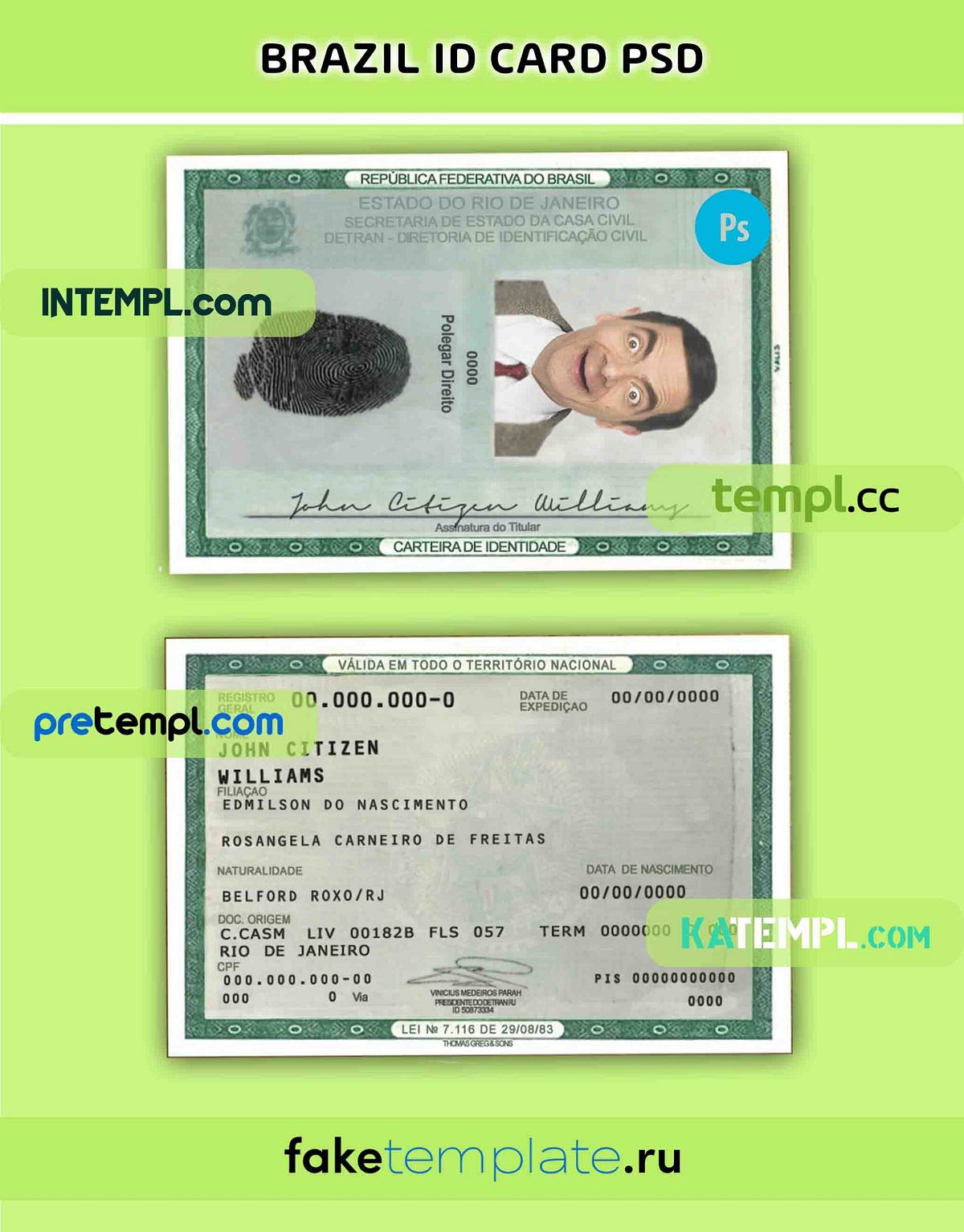 Brazil identity card PSD download template, 2010-present - Intempl ID - Medium