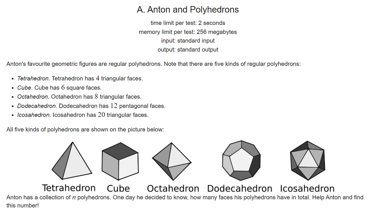 785A - Anton and Polyhedrons CodeForces Solution in C++ - Eya Jamue Haque - Medium