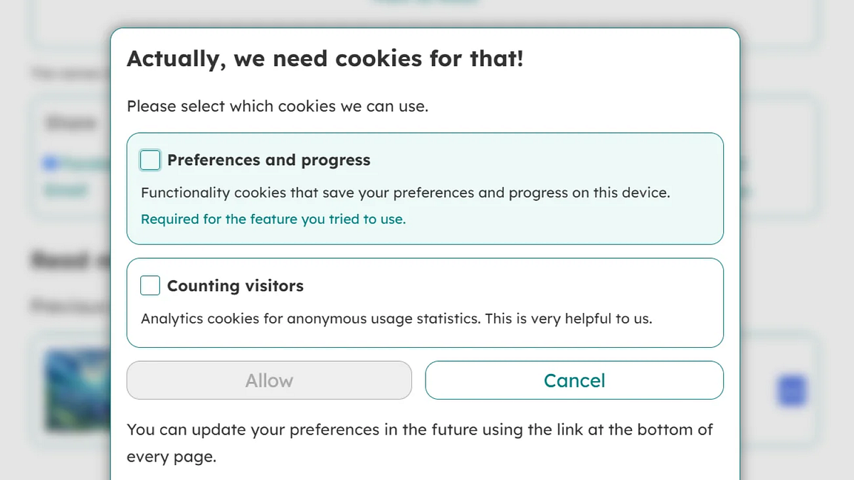 Better UX for Cookie Consent: Only request cookies at the point the ...
