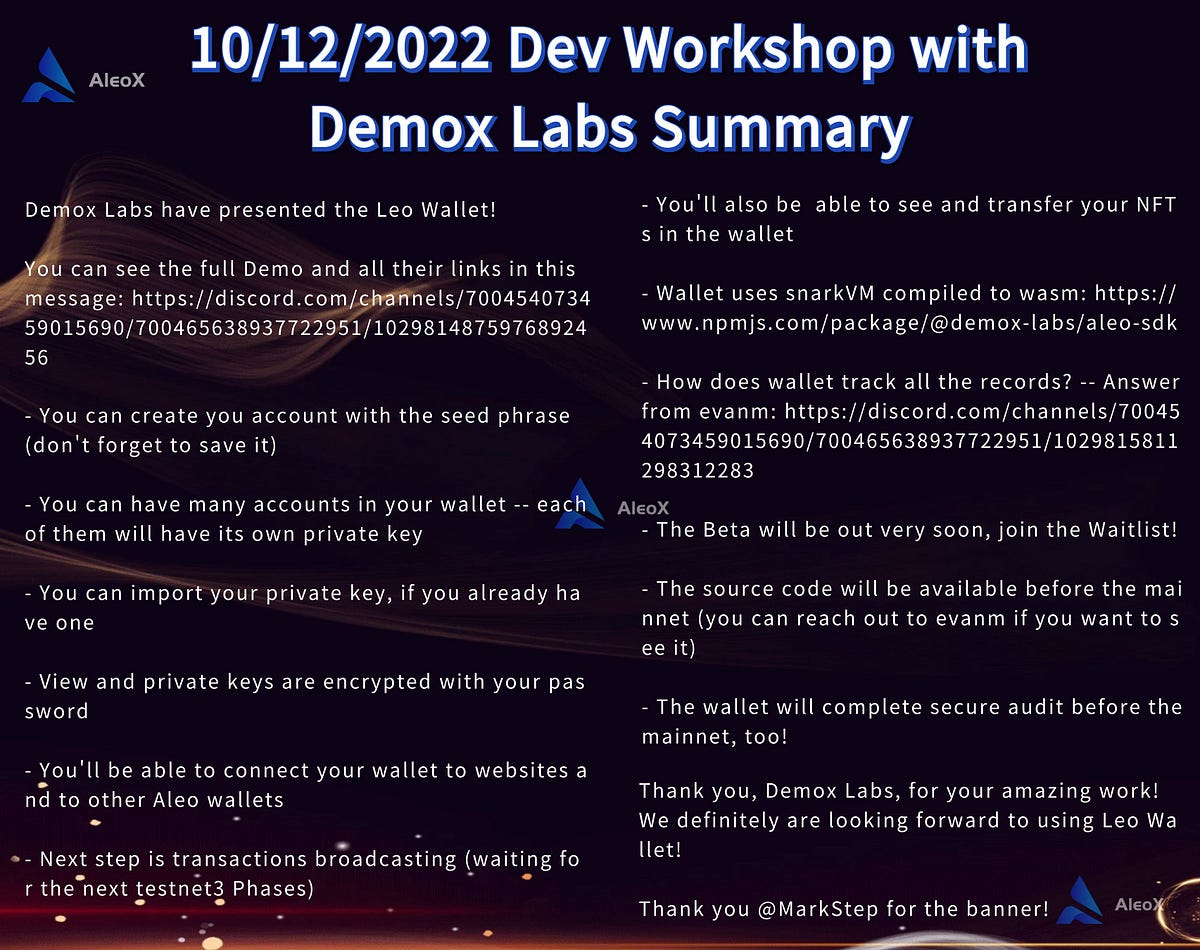 10/12/2022 Dev Workshop with Demox Labs Summary | by AleoX | Medium