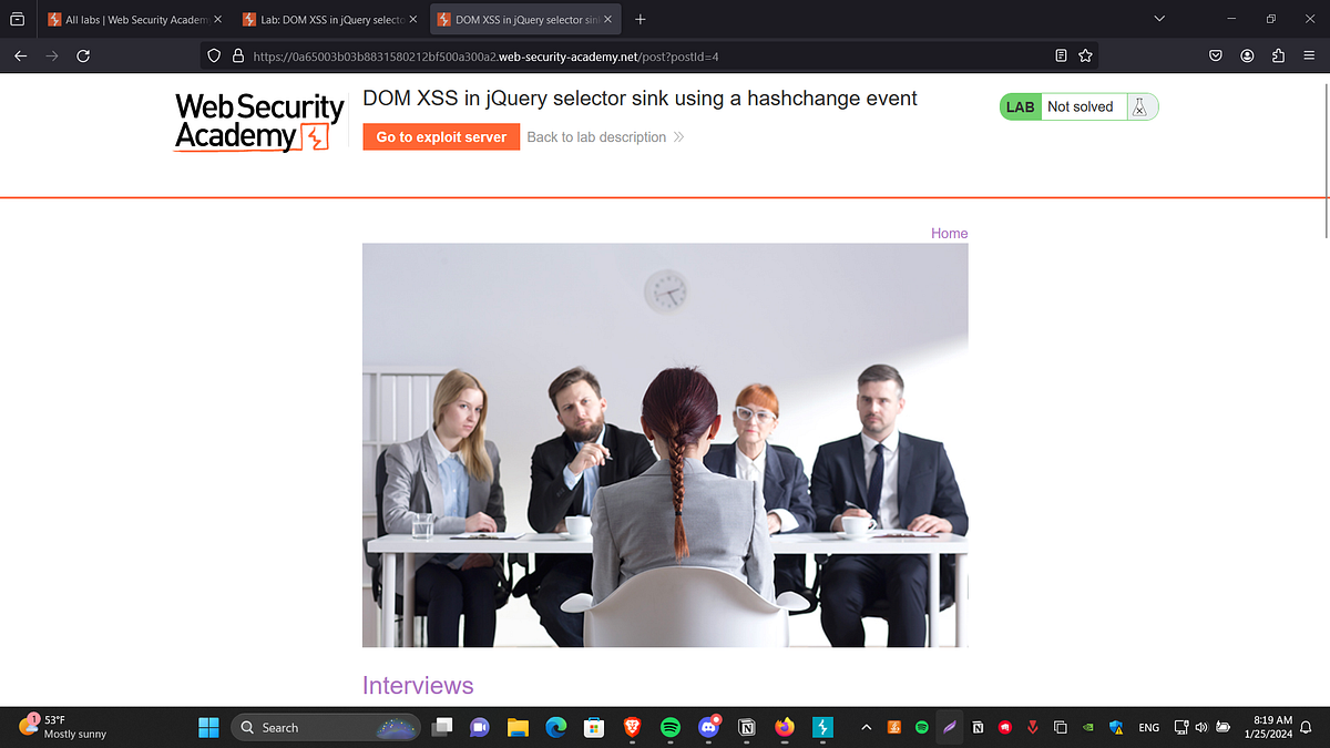 Lab: DOM XSS in jQuery selector sink using a hashchange event | by Uzumaki Rem01x | Medium