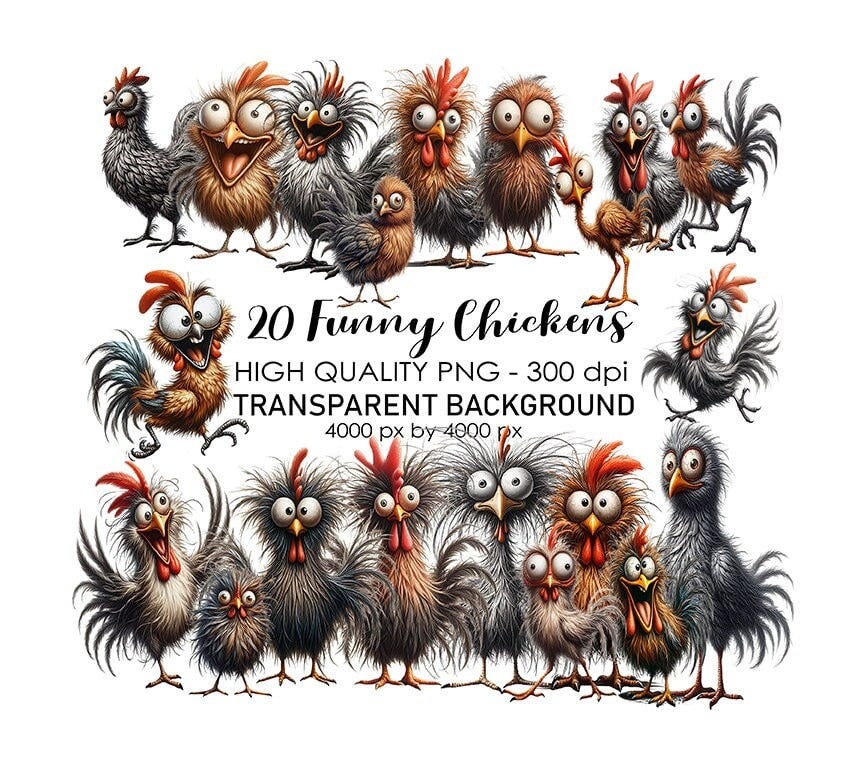 20 Transparent Background Funny Crazy Chickens Clip Art, PNG 300 dpi High Quality Digital ...