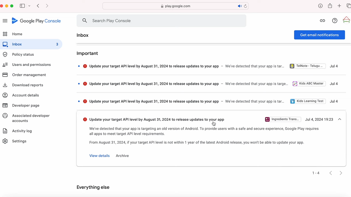 Update your target API level by August 31, 2024 to release updates to ...