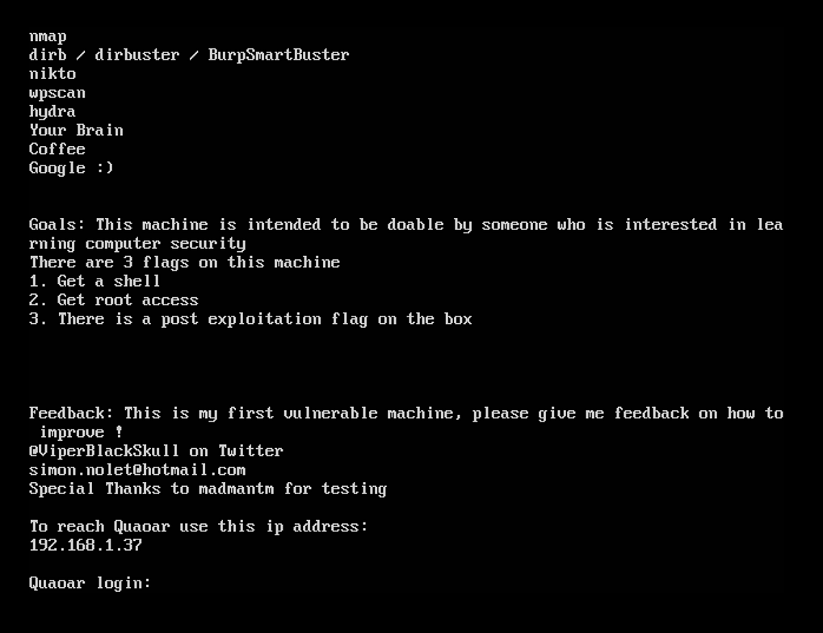 hackfest2016: Quaoar Walkthrough. Quaoar is a boot to root virtual… | by Kanishka | Medium