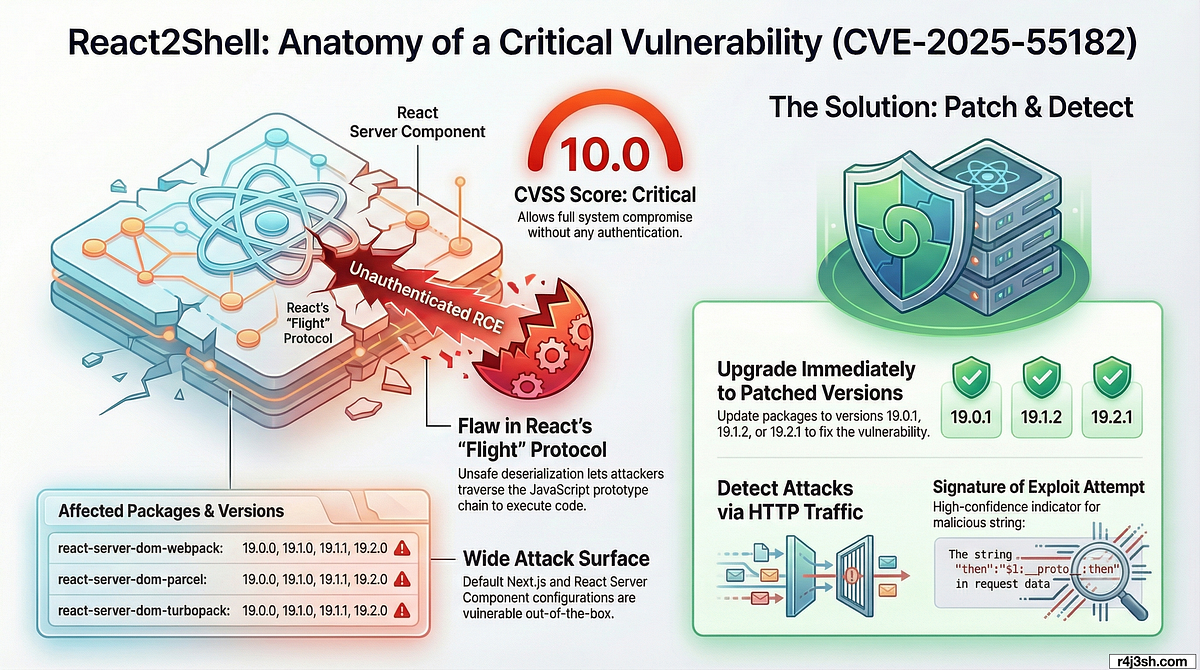 React2Shell (CVE-2025–55182). CVSS Score: 10.0 (Critical) | Impact ...