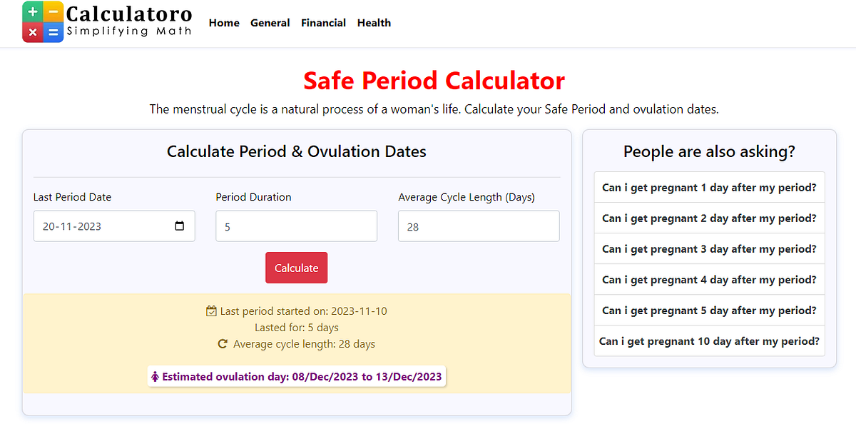 Safe Period Calculator - Calculatoro - Medium