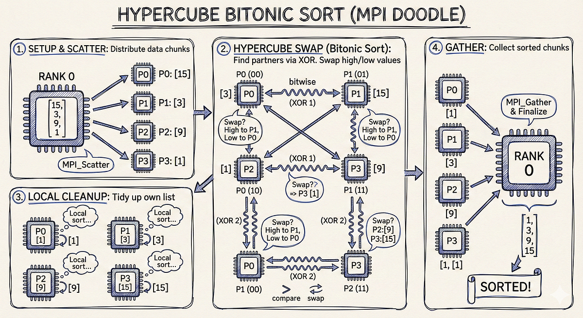 Hypercube Bitonic Sort with MPI full code in C program | by SrijitPaul ...